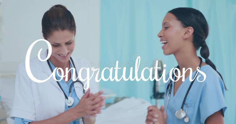 Animation of Congratulations Text Over Diverse Doctors Talking Stock ...