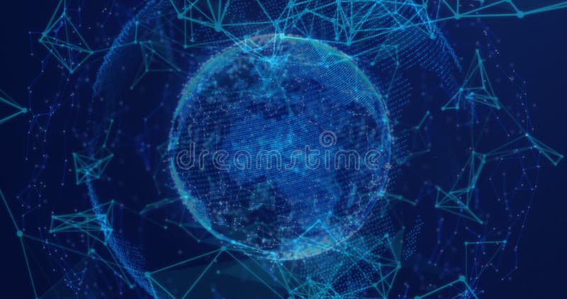 Animation of Connected Dots Forming Geometric Shape and Globe Over Blue ...
