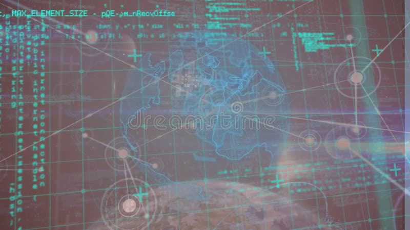 Animation of Connected Dots, Grid Pattern, Globes, Programming Language Against Abstract ...