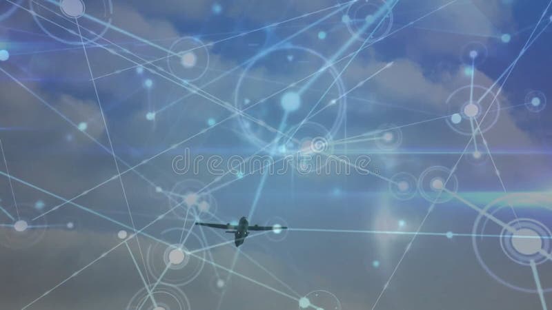 Animation of Connected Dots Over Low Angle View of Airplane Flying in ...