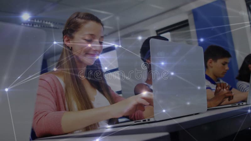 Animation of Connected Dots Over Multiracial Students Typing on ...