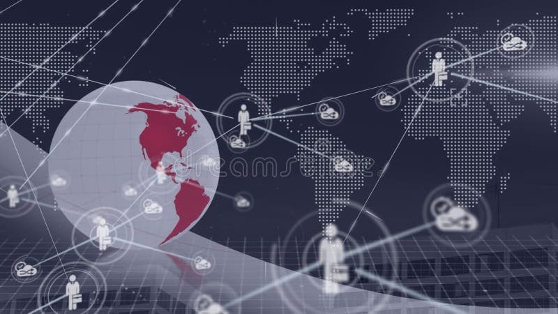 Animation of Connected Icon Over Rotating Globe, Maps and Lens Flare ...