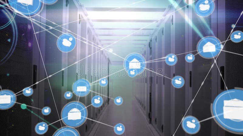 Animation of Connected Icons and Dots with Lens Flares Against Server ...