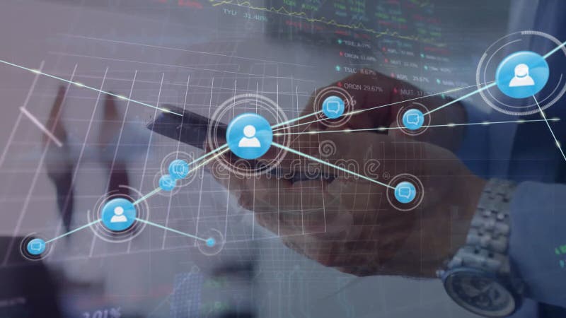 Animation of Connected Icons, Graphs, Trading Boards Over Caucasian Man ... Animation of Connected Icons, Graphs, Trading Boards Over Caucasian Man ...