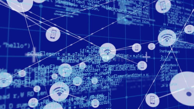 Animation Of Connected Icons Grid Pattern And Computer Language Over