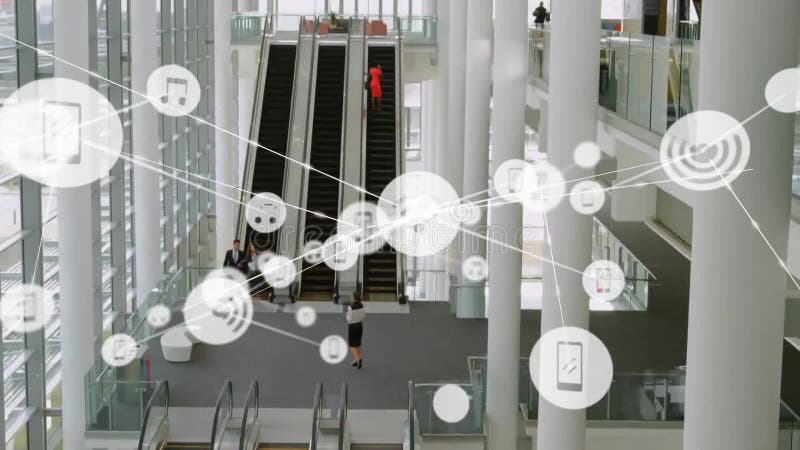 Animation of Connected Icons Over Aerial View of Diverse People Using ...