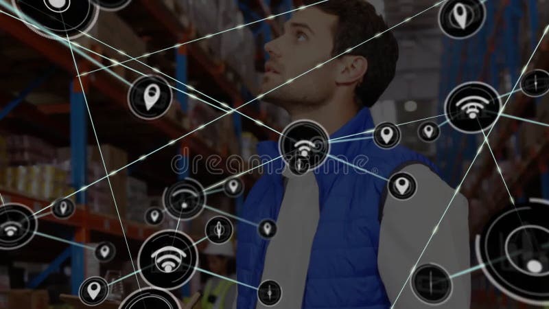 Animation of Connected Icons Over Caucasian Man Checking Inventory in ...