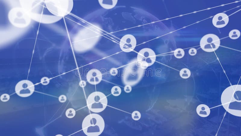 Animation of Connected Icons Over Globe and Connected Dots Against Sky ...