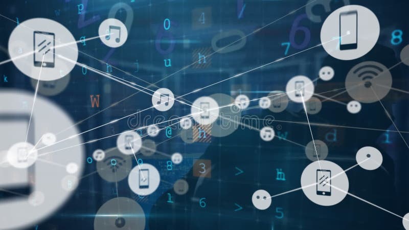 Animation of Connected Icons Over Letters, Symbols, Numbers on Rear View of Hacker Using ...