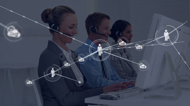 Animation of Connected Icons Over Smiling Diverse Customer ...