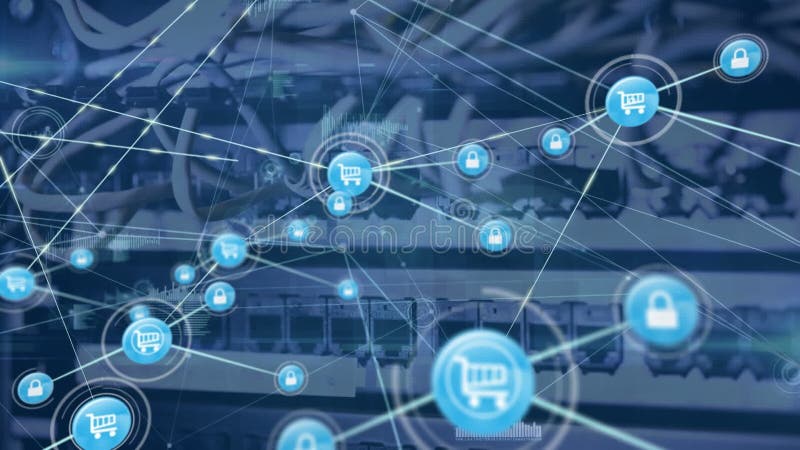 Animation of Connected Icons Over Wires Connected To Back Panel of Data ...