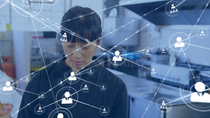 Animation of Connected People Icons Over Asian Female Chef Using Tablet ...