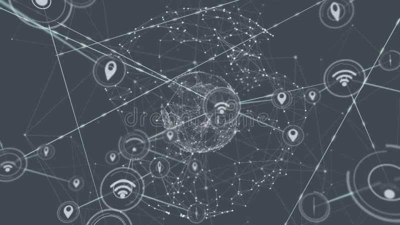 Animation of Connected Wifi and Gps Icons Over Globes Rotating on Black ...