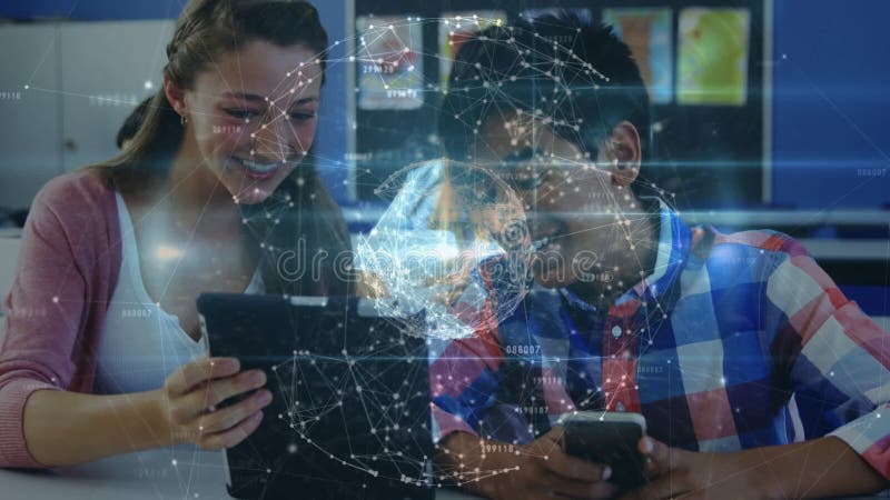 Animation of Connections and Globe Over Happy Diverse Students Using ...