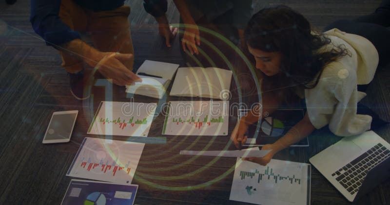 Animation of Countdown Over Round Scanner Diverse Colleagues Discussing ... Animation of Countdown Over Round Scanner Diverse Colleagues Discussing ...