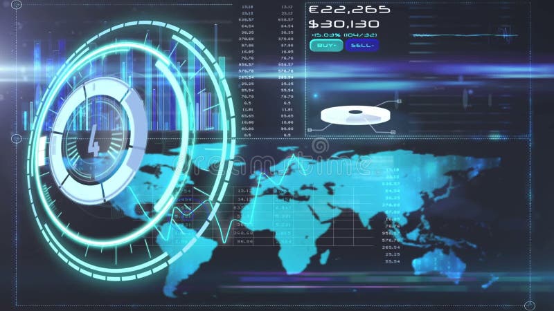 Animation Of Countdown With Scope Scanning And Data Processing And World Map On Screen Stock