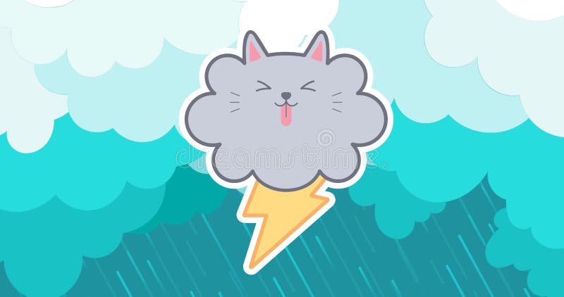 Animation of Cute Cloud with Thunder Over Clouds and Rain in Background ...