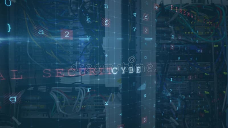 Animation Of Cyber Attack Text And Data Processing Over Server Stock