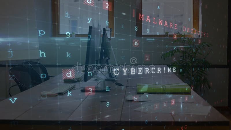 Animation of Cyber Attack Warning Over Computers on Desk Stock Footage ...