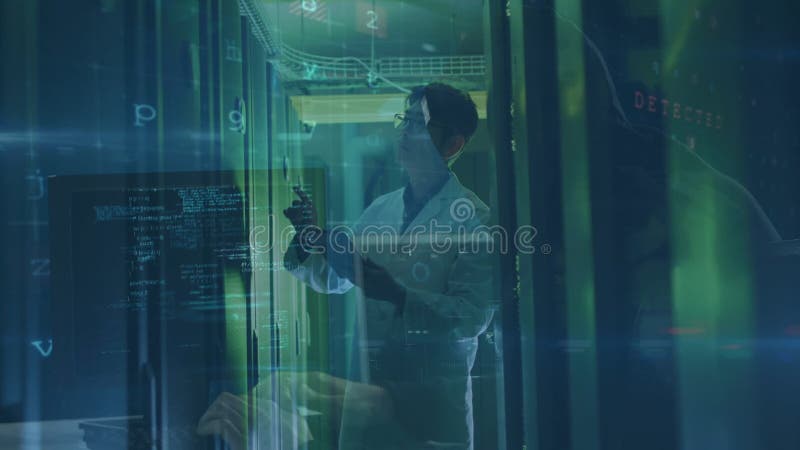 Animation of Cyber Attack Warning Over Hacker and Asian Businessman in ...