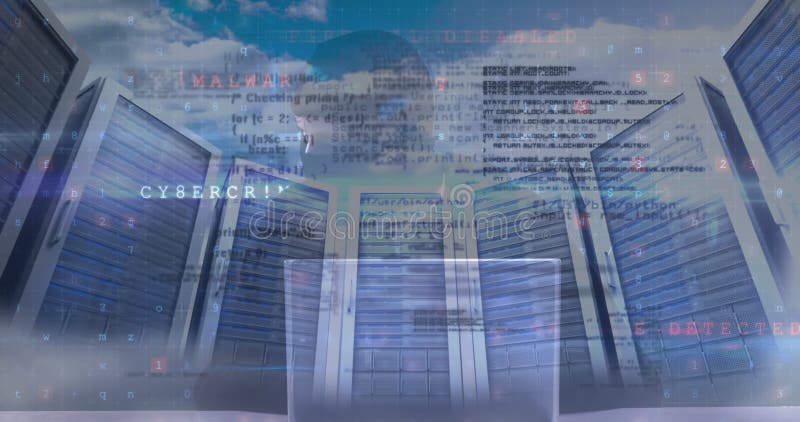 Animation of Cyber Attack Warning Over Hacker in Server Room Stock ...