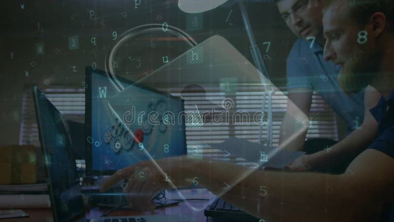 Animation Of Cyber Attack Warning Over Scientists Using Computer Stock