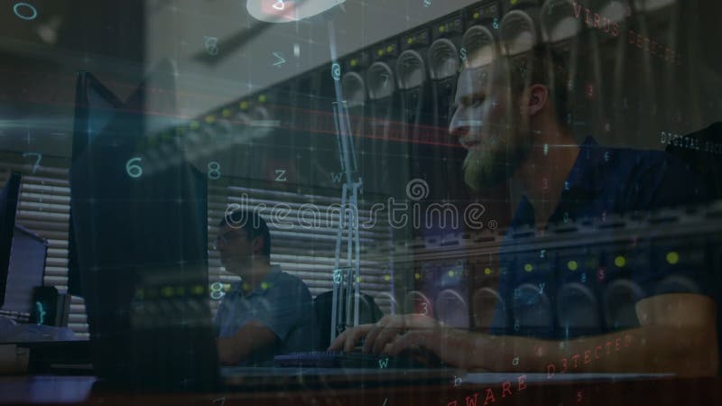 Animation Of Cyber Attack Warning Over Scientists Using Computer Stock
