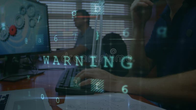 Animation Of Cyber Attack Warning Over Scientists Using Computer Stock