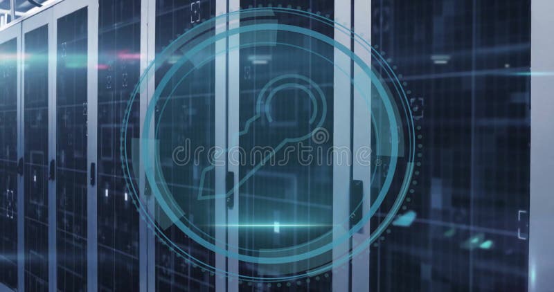 Animation Of Cyber Security Text And Scanner With Key Icon Processing Over Server Room Stock