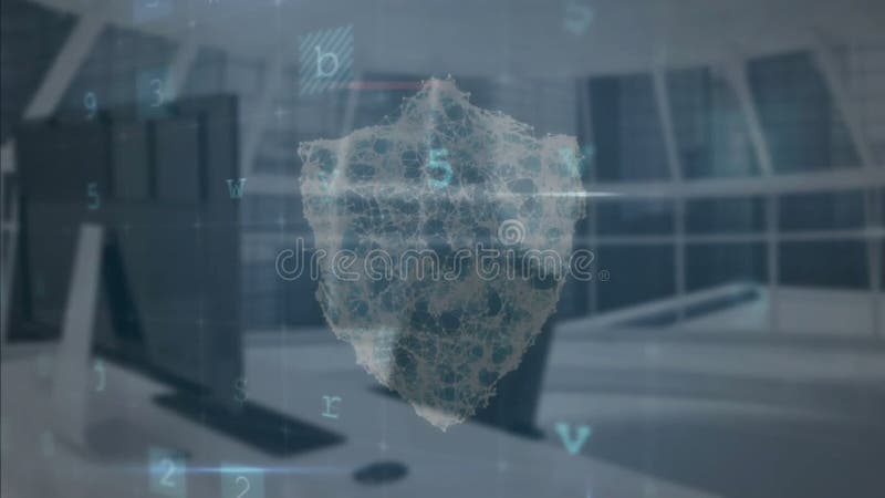 Animation of Cyber Security Warning Text and Shield Over Office Stock ...
