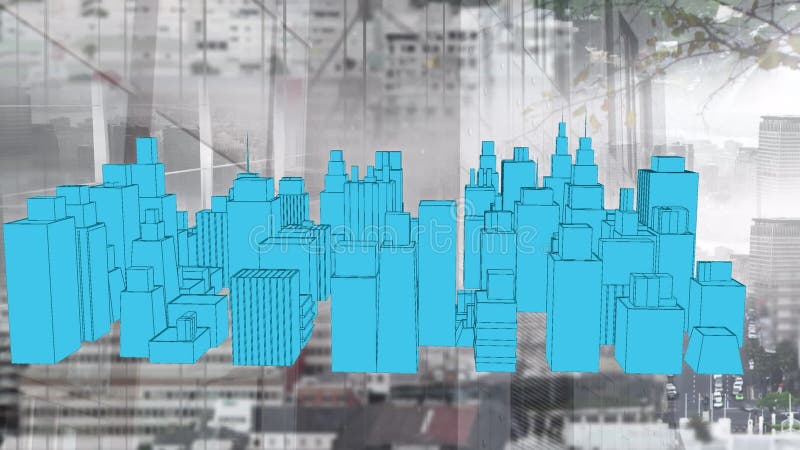 Animation of 3d City Drawing Spinning Over Cityscape Stock Video ...