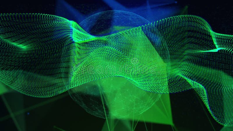 Animation of 3d Green Mesh Structure Floating Over Globe and Blue ...