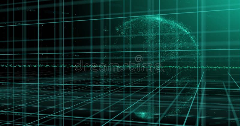 Animation of 3d Grid Over Glowing Globe and Graph Processing Data on ...