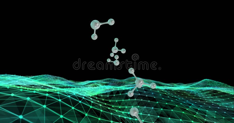 Animation of 3d Micro of Molecules and Green Mesh on Black Background ...