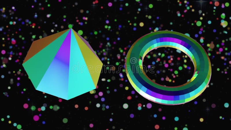 Animation of 3d Multicoloured Shapes Over Spots on Black Background ...