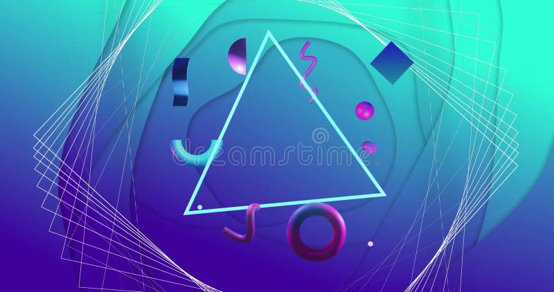 Animation of 3d Network Structure with Rotating Triangle and 3d Shapes on Abstract Blue ...