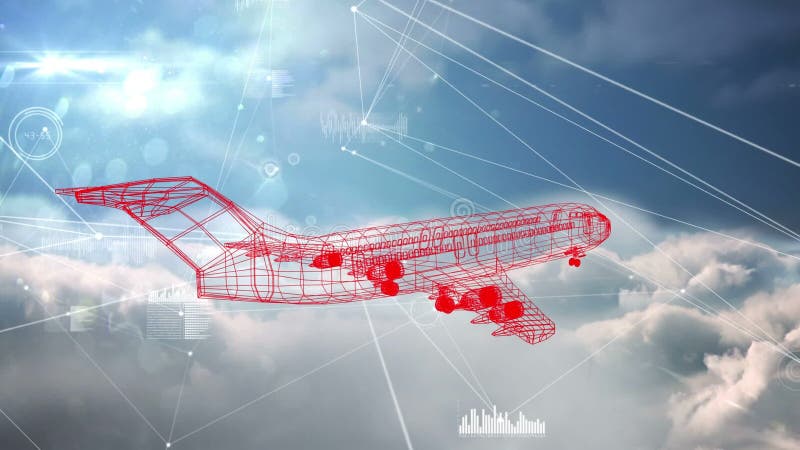 3D Airplane Technical Drawing with Network Connection Over Clouds Stock ...