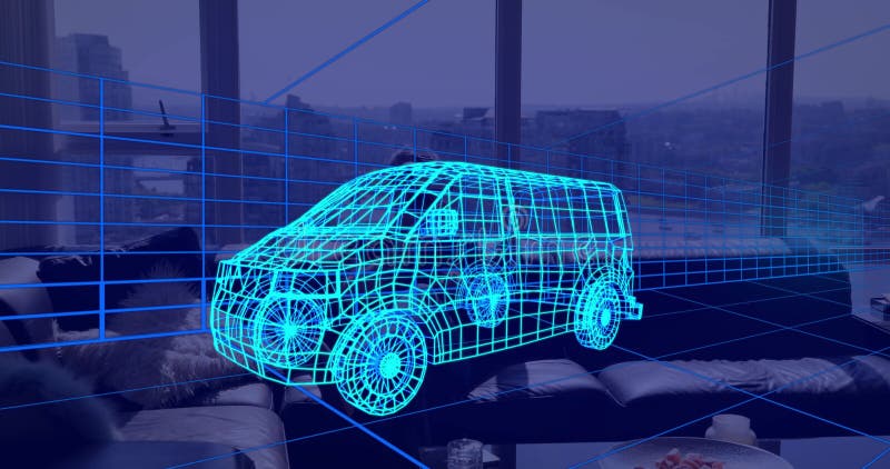 Animation of 3d Technical Drawing of Van, Over Man at Home Wearing Vr ...