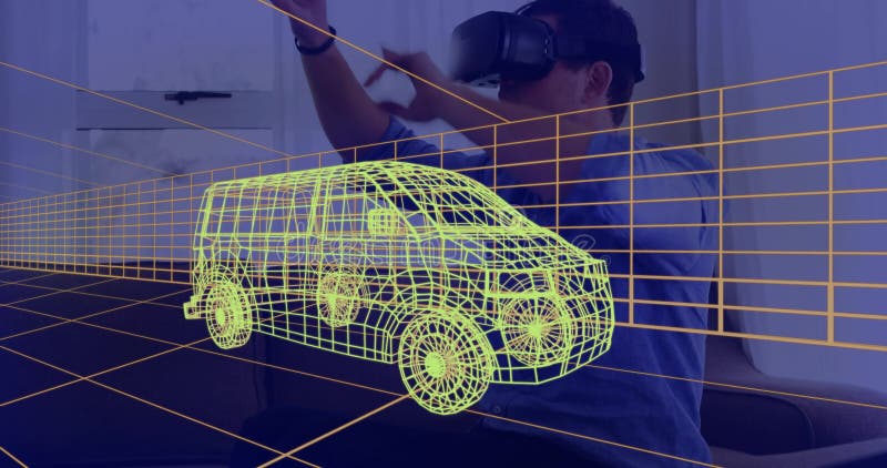 Animation of 3d Technical Drawing of Van, Over Man at Home Wearing Vr ...