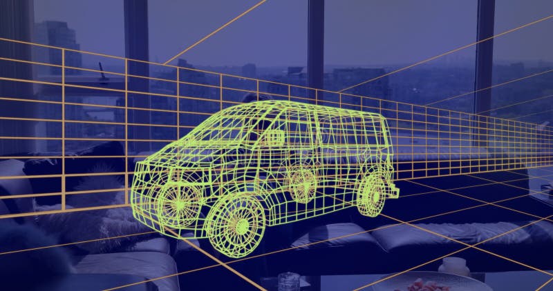 Animation of 3d Technical Drawing of Van, Over Man at Home Wearing Vr ...