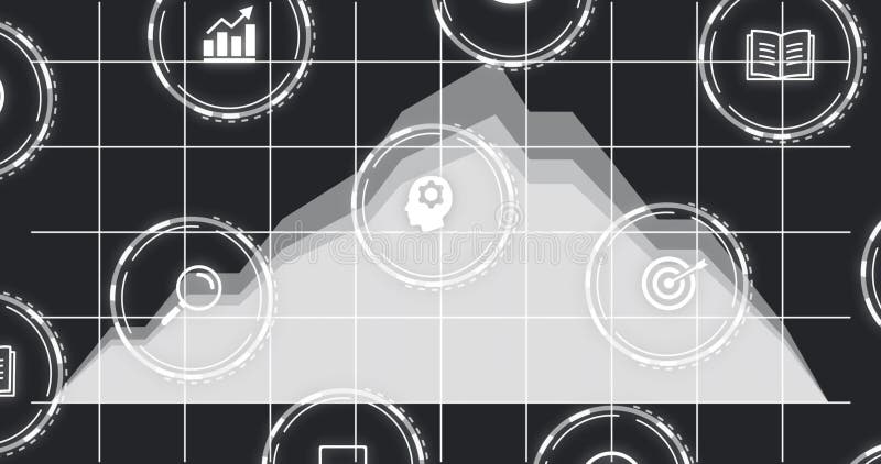 Animation of Data Analysis Icons with Innovation and Goals on Grid and Mountain Backdrop Stock ...