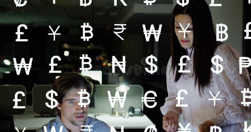 Animation of Data and Currency Over Diverse Business People in Office ...