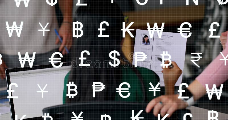 Animation of Data and Currency Over Diverse Business People in Office ...