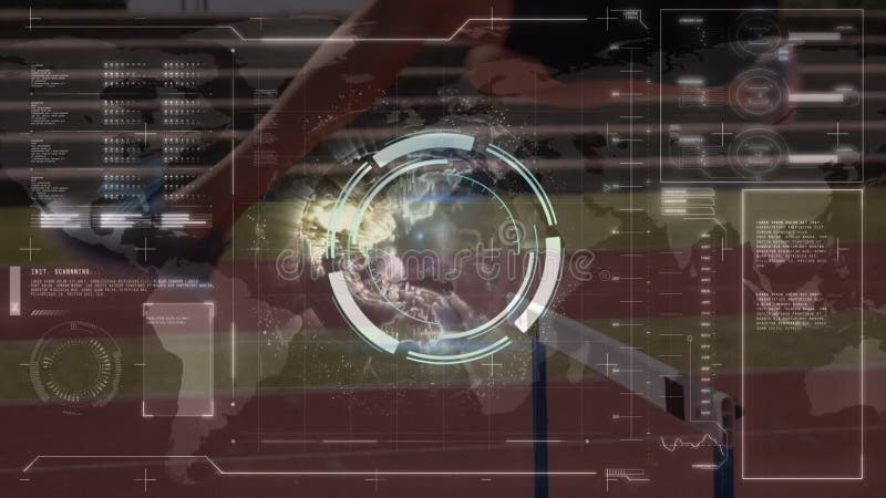 Animation of Data on Digital Screen Over Caucasian Man Jumping at ...