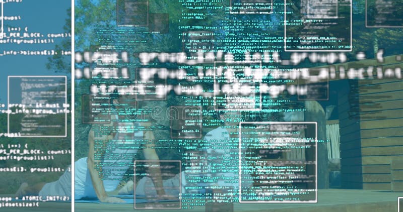 Animation of Data in Frames Floating Over Caucasian Couple Stretching ...