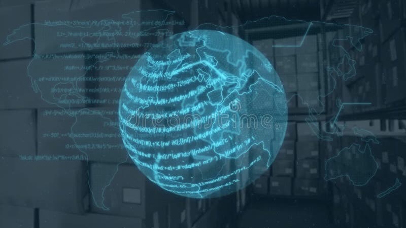Animation of Data, Globe with World Map Against Cardboard Boxes in ...