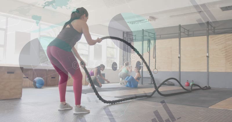 Animation of Data on Interface Over Caucasian Woman Cross Training with ...