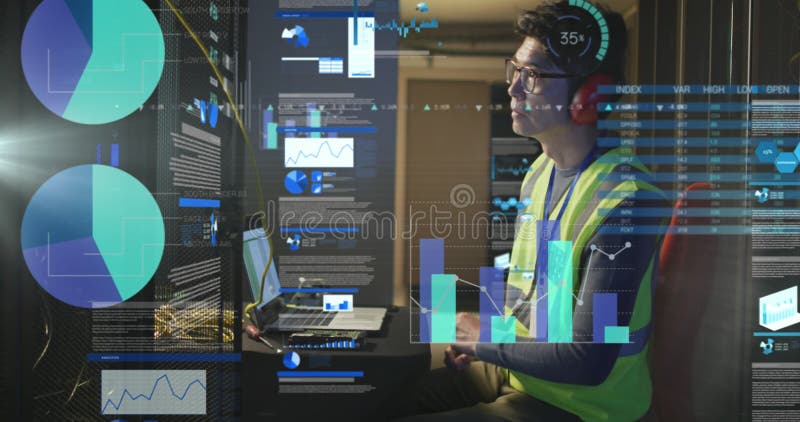 Animation of Data Processing Against Asian Male Engineer Using Laptop ...