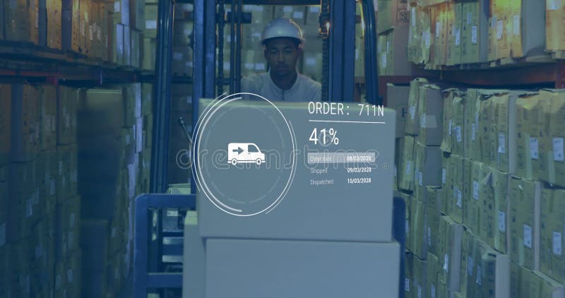 Animation of Data Processing Against Biracial Male Worker Operating a Forklift at Warehouse ...