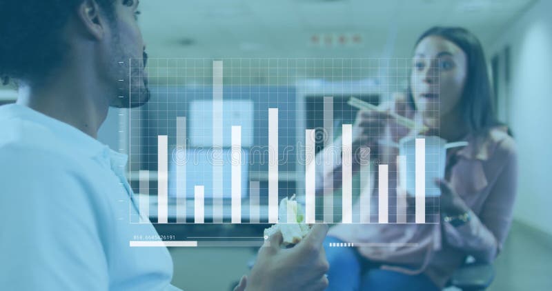 Animation of Data Processing Against Diverse Man and Woman Discussing ...
